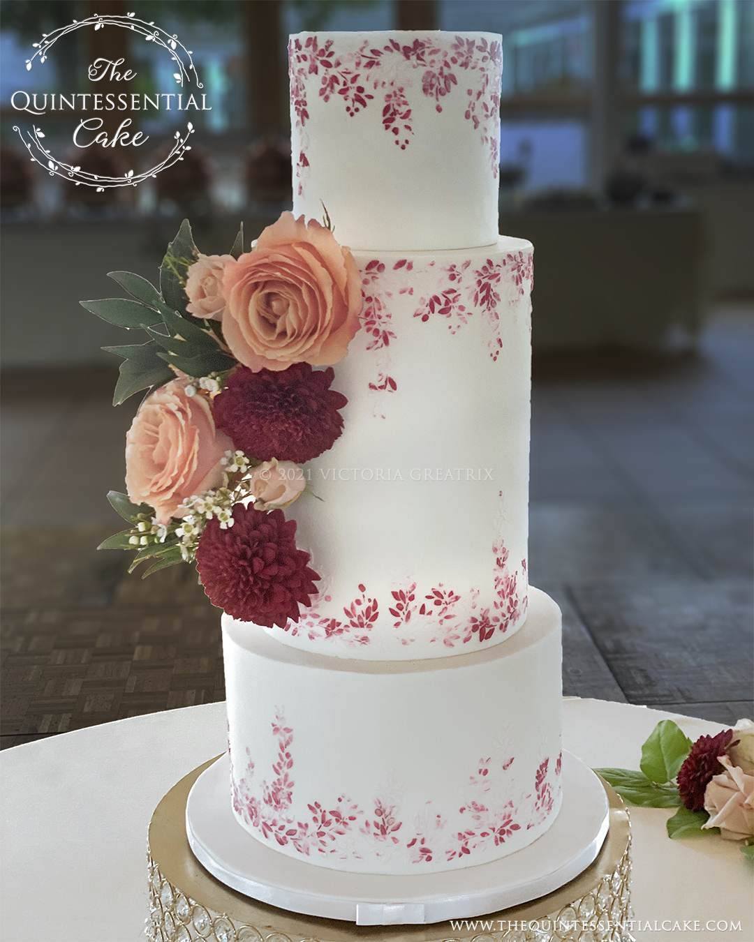 Burgundy and Pink Stenciled Wedding Cake | The Quintessential Cake ...